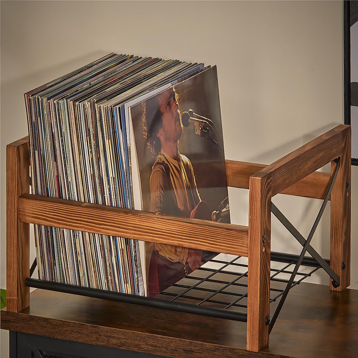 X-cosrack Vinyl Record Holder,Fits 7” -12” Records,Store Up to 100Albums,DVDs,or CDs-Wood Book Storage Stand,File Folder Racks,Modern Design,Brown