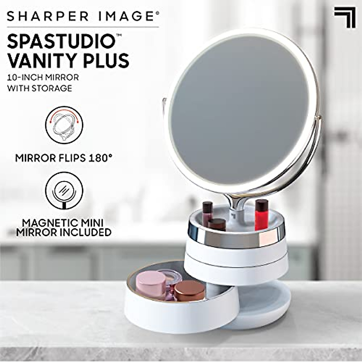 Sharper Image Spastudio Vanity Plus 10-Inch LED Mirror with Storage Trays, Touch-Activated Brightness Controls, Dimmable Halo Light Ring, 5X and 10X Magnification