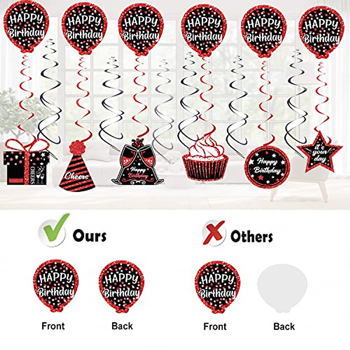 Birthday Decorations Red Black, Happy Birthday Party Decorations for Men Women Boys Girls (48pack), Happy Birthday Banner Gifts, Double-Sided Pattern Card, 9 Pompoms, Hanging Swirl Bday Decor Supplies