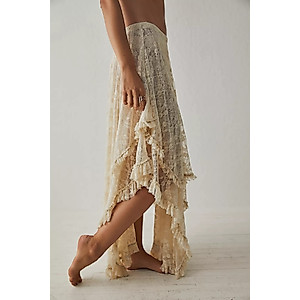 R.Vivimos Women Lace Long Skirts Summer Elastic Asymmetrical Layered Hem Sexy See-Through Beach Floral Maxi Skirts (Medium, Beige)