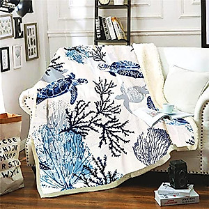 LINGXUQK Sea Turtle Fleece Throw Blanket Underwater World Sea Turtle Sea Grass Natural Watercolor Style Plush Sherpa Blanket Cozy Fluffy Blanket Sea Turtle Gifts…