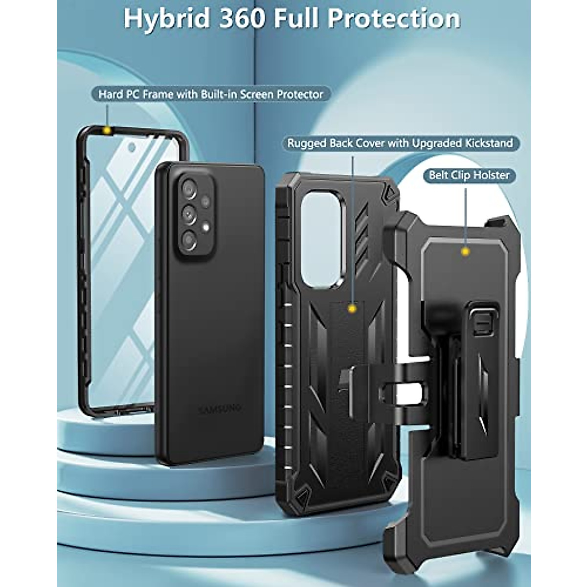 SOiOS for Samsung Galaxy A53 5G Case: with Built-in Screen Protector & Kickstand | Full-Body Dual Layer Rugged Belt-Clip Holster | Heavy Duty Shockproof Protective Phone Cover - 6.5inch - Black