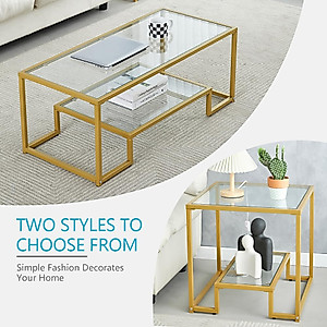 Golden Metal Glass Coffee Table - Two-Tiered with Tempered Glass, Stylish Metal Frame Coffee Table for Bedroom, Dining Room, Office Room.