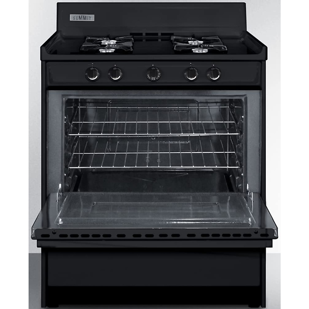 Summit Appliance TNM2107C 30" Wide Open Burner Gas Range in Black with Electronic Ignition, Four Open Burners, Adjustable Oven Racks, Broiler Pan, Porcelain and Steel Construction