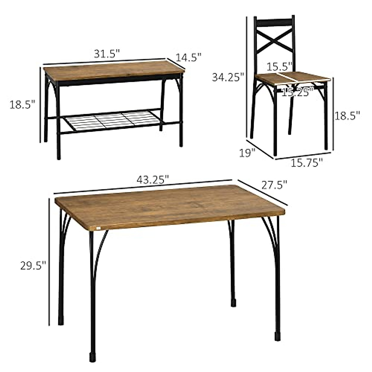 HOMCOM Industrial Dining Table Set for 6 People, 6 Piece Kitchen Table and Chairs Set, Dinner Table with Bench, Steel Frame and Storage Shelf, Dinette Set, Rustic Brown