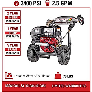 Simpson Cleaning MS61085 MegaShot 3400 PSI Gas Pressure Washer, 2.5 GPM, Kohler SH270, Includes Spray Gun and Extension Wand, 5 QC Nozzle Tips, 5/16-in. x 25-ft. MorFlex Hose, Black