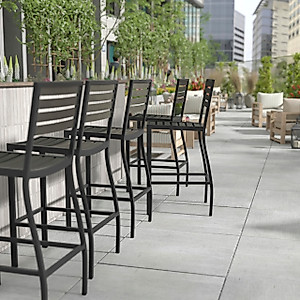 Flash Furniture Lark Commercial Grade Bar Height Stool, All-Weather Outdoor Bar Stool with Faux Wood Poly Resin Slats and Aluminum Frame, Gray Wash