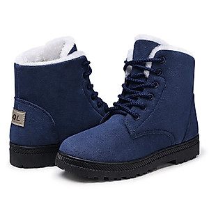 SHIBEVER Winter Snow Boots for Women: Dark Blue Warm Fur Lined Ankle Boots Comfortable Suede Lace Up Booties Cute Flat Shoes Size 10