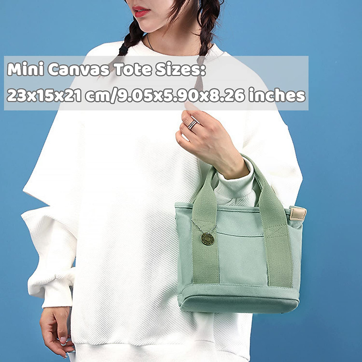 Small Canvas Tote Bag for Women Mini Tote Bags with Pockets Small Canvas Handbag Tote Bag with Zipper Mini Tote Purse Mini Travel Bag with Compartments,without Shoulder Strap,Green