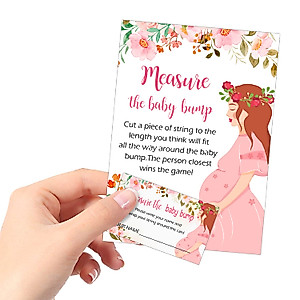 Measure Mommy's Belly Sign, Blush Pink Floral Baby Shower Sign, Measure the Baby Bump How Big is Mommy's Belly, Guessing Game for Gender Reveal Party- Game Set(1 Standing Sign + 50 Guessing Cards)