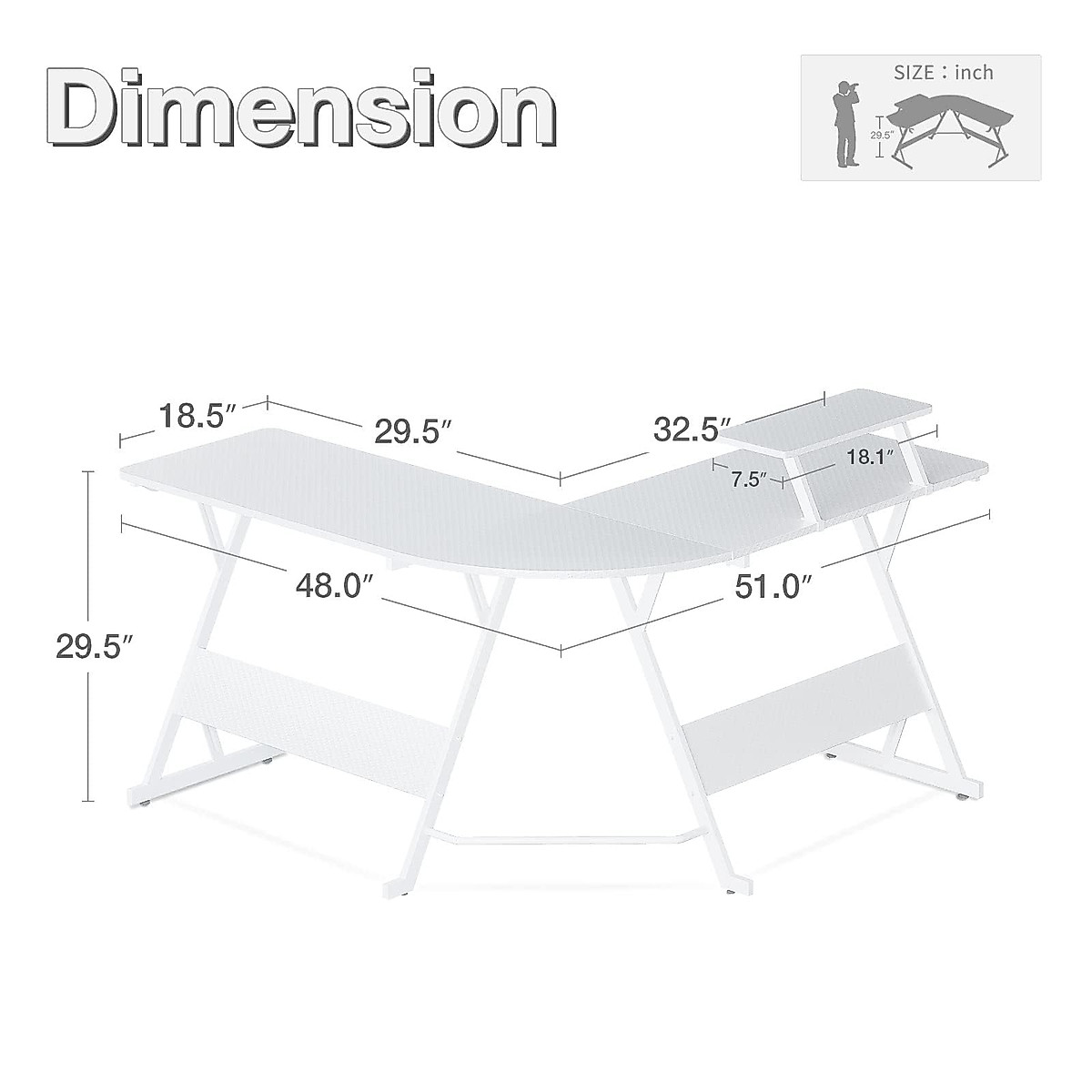 MOTPK White Gaming Desk with LED Lights, Carbon Fiber L Shaped Gaming Desk, Corner Gaming Desk L shape, Gamer Desk Gaming Table with Monitor Stand & Cup Holder & Headphone Hook, 51 Inch, Gift Ideas