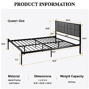 SHA CERLIN Queen Size Bed Frame with Upholstered Headboard, Metal Platform Bed Frame with 17 Steel Slats Support, Mattress Foundation, No Box Spring Needed, Noise Free, Easy Assembly, Dark Grey