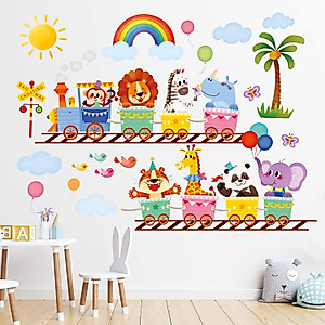 DECOWALL SG-2205 Animal Train Wall Decals Stickers Kids Peel Stick Removable Nursery Bedroom Room Living décor Baby Art playroom Classroom Children Decoration Vinyl DIY Elephant Giraffe Jungle Safari