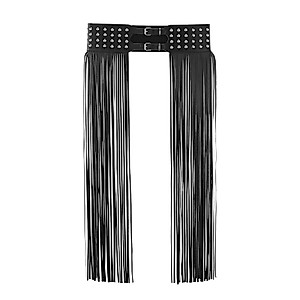 Ayliss Women Punk Waist Belt Rivet Studded Tassel Fringe Skirt Belt Double Grommet PU Leather Elastic Waistband Rocker (Black #1)