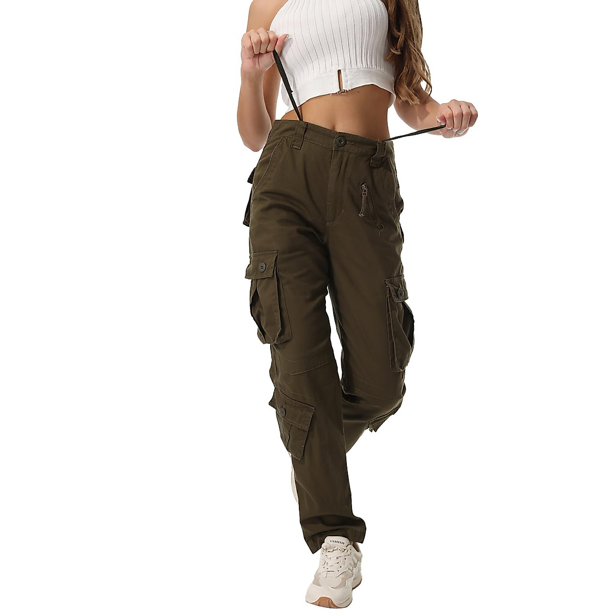Raroauf Tall Girls Casual Pants for Women's Mid-Rise Cotton Work Cargo Pants Y2K Baggy Tactical Combat Trousers 8 Pockets Army Green Size 38/US 16