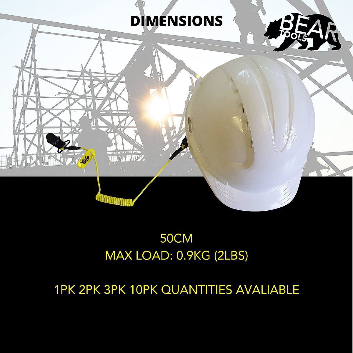 BearTOOLS Micro Coil Elastic Lanyard, Max Load 0.9kg 50cm Dual Attachment | Tool Lanyard for Small Tools, Helmets | Coil Lanyard, Hardhat Accessory | Used in Construction & Work Sites (1-Pack)