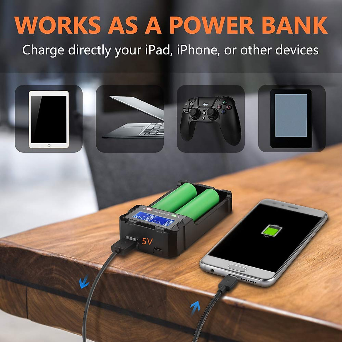 Universal Battery Charger 18650 Charger, Zanflare C2 Smart Charger LCD Display Quick Charge for Rechargeable Batteries Ni-MH Ni-Cd AA AAA SC, Li-ion 18650 26650 26500 22650 18490 17670,USB 5V 2A