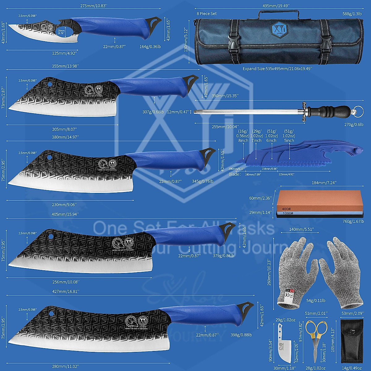 Authentic XYJ Since 1986,5pcs Slicing Knives Set,Vegetable Kitchen Knife With Roll Bag,Whetstone,Honing Steel,Cake Cutter,Camping Chef Butcher Knife,Full Tang (XYJ Blue)