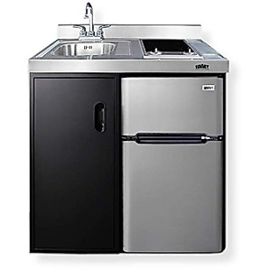 Summit Appliance CK36ELGLASS 36" Wide All-In-One Kitchenette Fully assembled; Includes a 2-door Refrigerator-freezer, 2-burner Cooktop, Sink, and Large Storage Cabinet