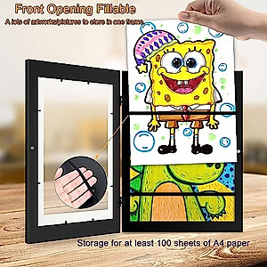 SanerDirect 2 Pack Black Frame for Kids Artwork, Displays 8.5x11 Artwork Frame Changeable| Hinged Wooden Frame for Picture, A4 Size Art Storage, Drawing Storage (12" x9 frame)