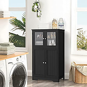 Iwell Bathroom Cabinet, Linen Storage Cabinet with Glass Doors & Adjustble Shelf, Bathroom Floor Cabinet, Cupboard for Living Room, Office, Enterway, Black