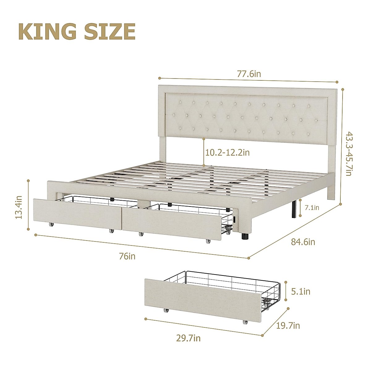 Keyluv King Bed Frame with 2 Storage Drawers and Adjustable Headboard, High-End Fabric Platform Bed with Button Tufted, Wooden Slats No Box Spring Needed/Easy Assembly, Beige
