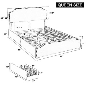 AMERLIFE Queen Size Bed Frame with 4 Storage Drawers and Headboard, Queen Velvet Upholstered Platform Bed with Rivet Curved Adjustable Headboard/Strong Wooden Slats/Easy Assembly/Grey