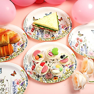 50Pcs Wildflowers Oval Plates Floral Butterfly Paper Plates 9.4*11.6inch Large Disposable Platter for Easter Spring Summer Flowers Blossom Bridal Baby Shower Wedding Birthday Party Supply Decor