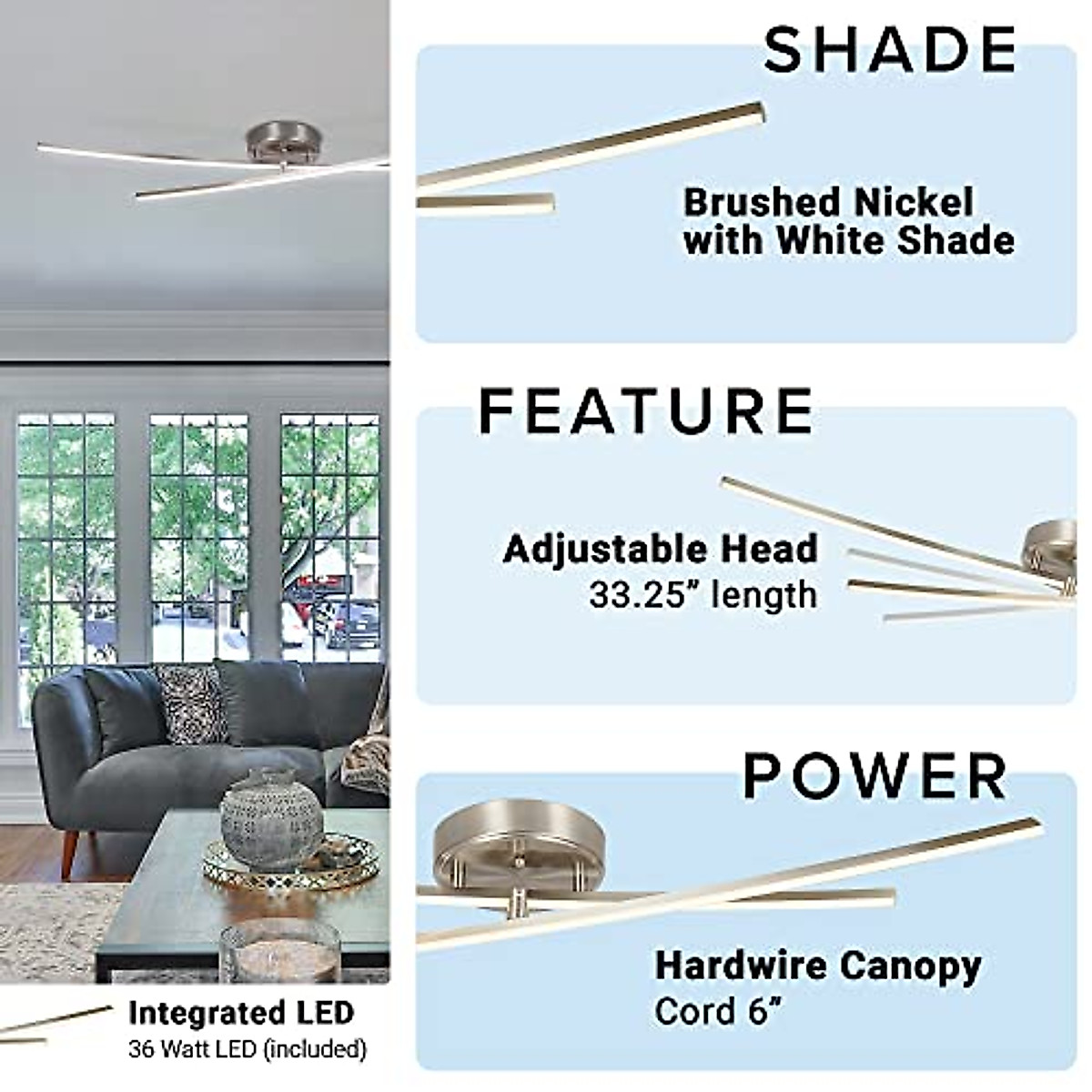 Catalina 40" Modern Dimmable LED Crossed 2-Bar Fixed Track Light, Brushed Nickel