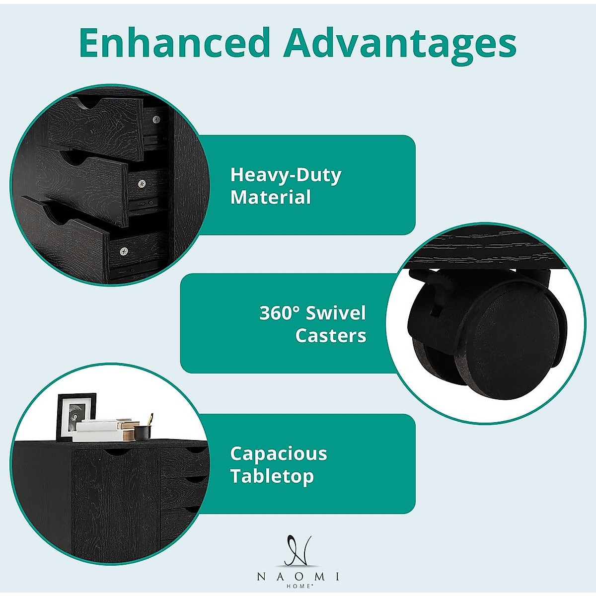 Naomi Home Amy 5 Drawer Chest, Wood Storage Dresser Cabinet with Wheels, Craft Storage Organization, Makeup Drawer Unit for Closet Bedroom Office File Cabinet 180 lbs Total Capacity - Distressed Black