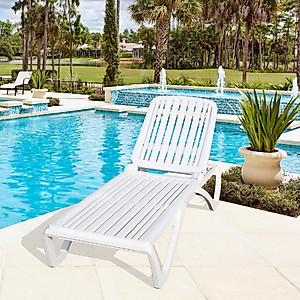 Domi Pool Lounge Chair, Patio Chaise Lounge with 5 Position Adjustable Backrest and Wheels, All Weather Plastic Outdoor Lounge Chairs for Deck Lawn Backyard, White