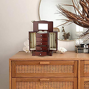 RR ROUND RICH DESIGN Jewelry Box - Made of Solid Wood with Tower Style 4 Drawers Organizer and 2 Separated Open Doors on 2 Sides and Large Mirror Brown