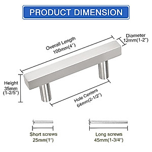 NIZADO 5 Pack Stainless Steel Cabinet Handles,2 1/2 Inch Satin Nickel Finish Drawer Pulls,Handles for Cabinets and Drawers,Square T Bar Cabinet Pulls, 4 Inch Overall Length
