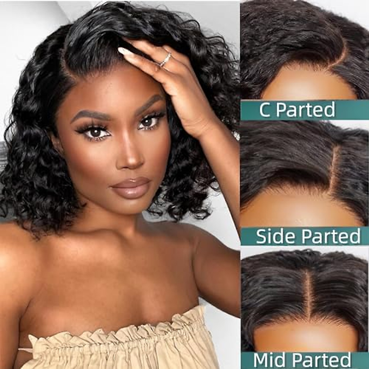 KeepMe 14 Inch Wear and Go Glueless Wigs Human Hair Pre Plucked Water Wave Bob Wig Human Hair Wigs 180% Density Glueless Wig Pre Cut Lace for Beginners 4x4 Lace Closure Wig for Women