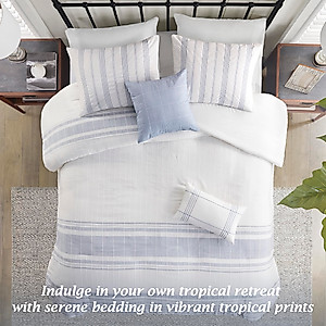 Harbor House Queen Duvet Cover Set, Stripes Clipped Jacquard, Cotton Oversized Duvet Cover for a Queen-Size Bed, Farmhouse Bedding Cover, 2 Shams, 2 Décor Pillows, Morgan, Full/Queen White/Blue