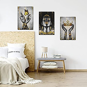 WELMECO Elegant African American Woman with Gold Crown Fashion Accessories Painting Giclee Prints Black Girl Canvas Poster Gallery Wrapped Artwork for Bedroom Living Room Makeup Room Decoration