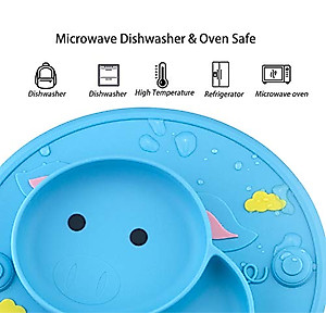 REDFMGBaby Divided Plate Silicone- Portable Non Slip Child Feeding Plate Suction for Children Babies and Kids BPA Free Baby Dinner Plate Microwave Dishwasher Safe