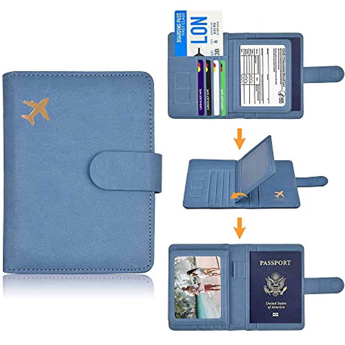 Doulove Passport and Vaccine Card Holder Combo Rfid Blocking, Upgraded Multi-Function Travel Wallet Passport Holder with Card Slot, Passport Cover for Women Men Blue