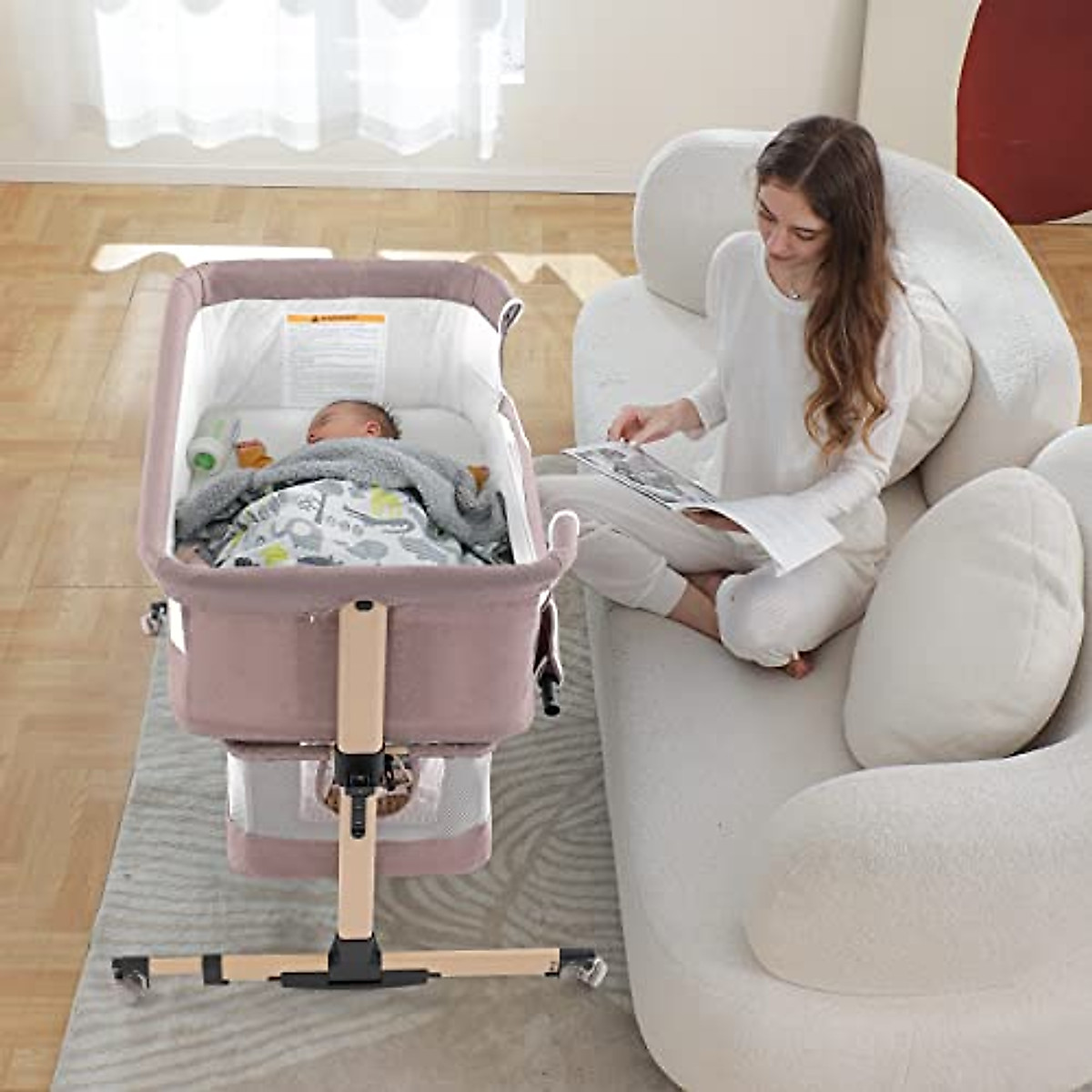 Ihoming Baby Bassinet Bedside Sleeper, 3 in 1 Convertible Design, lnfant Bed & Bed Side Sleeper & Cradle Bassinets, Newborn Bedside Crib Attaches to Bed, Khaki