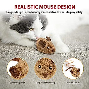 Gigwi Interactive Cat Toy Mouse, Moving Automatic Cat Toys Mice Electronic with Furry Tail, Automatic Squeaky Cat Toys for Kitten Indoor/Outdoor Exercise (Brown-Ear)