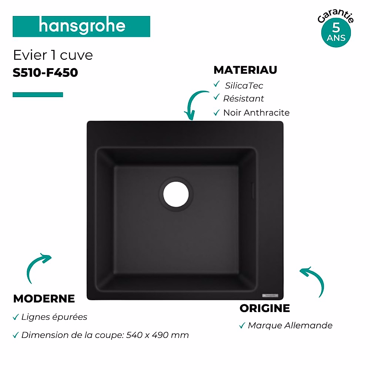 hansgrohe 43312170 S510-F450 Built-in Sink 450, Graphite Black Kitchen, 60 cm