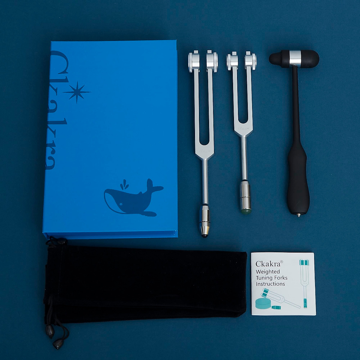 Ckakra Pack of 2 Weighted Tuning Forks with Natural Gemstone Feet for Body Healing,Activator Hammer for Tuning Fork,OM 136.1& 256C Frequency,Virbration Therapy Tools, Meditation&Reiki Instruments