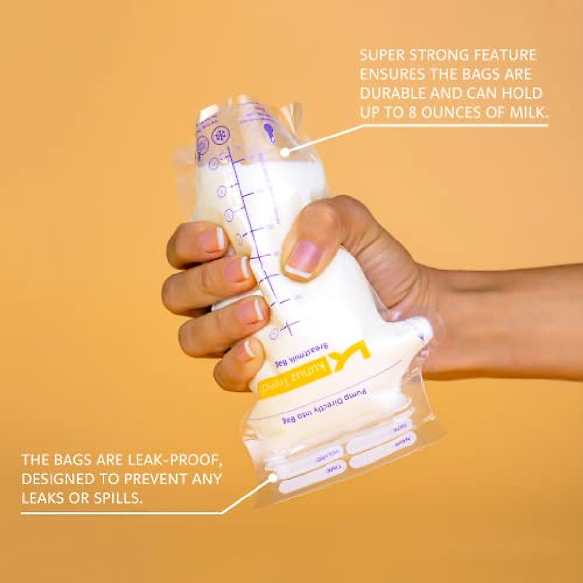 Kunuz Trendz Breastmilk Storage Bags - 250-Count, 8oz/240ml, Pre-Sterilized Breast Milk Pouches with Temperature Sensor, Dual Zip-Locking Seal,Capacity Markings - Nursing & Breastfeeding (250 Count)