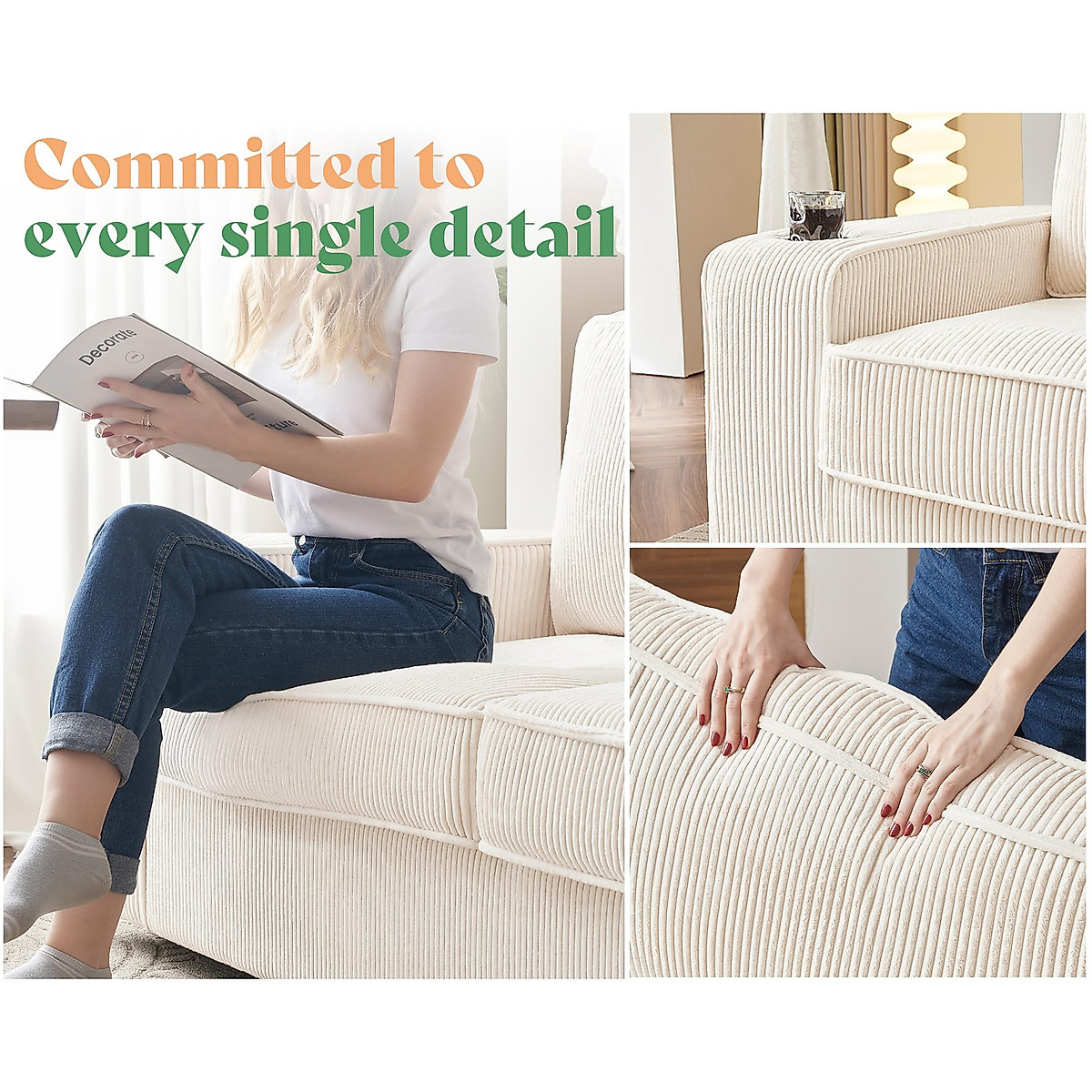 VanAcc 89 Inch Convertible Couch, L Shape Couch with USB Charging Port & Cup Holders- L Shape Sofa with Storage Chaise, Comfy Sofa for Living Room (Beige Corduroy)