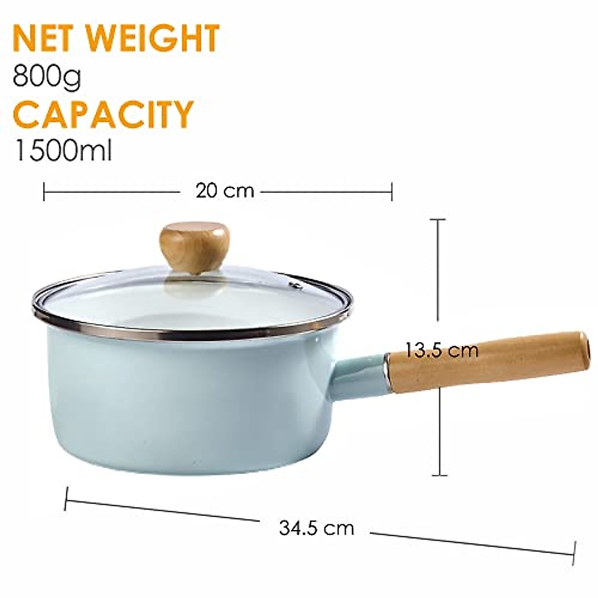 Saucepan, Enamel Sauce Pan Small Pot with Lid, Wooden Handle, 1.8 Quart (Blue)