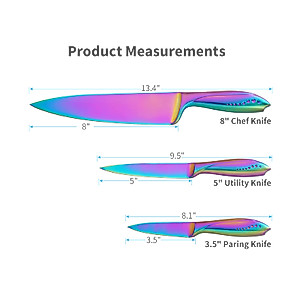 Hollory Rainbow Kitchen Knife Set 3 Piece, Razor Sharp German Stainless Steel Blade with 8 in Chef, 5 in Utility, 3.5 in Paring – Starter Set with Gift Box
