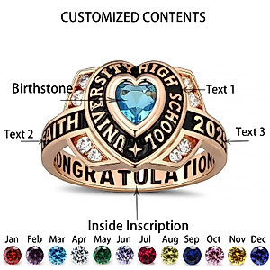 Ccjcinata Custom Class Rings for Women High School Heart Shape Rings 925 Sterling Silver Rings Women's Class Rings Size 5-15 Graduation Rings for Women Cubic Zirconia Birthstone Rings