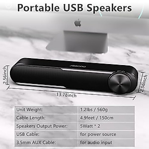 Jeecoo A30 Wired Computer Speakers PC Soundbar for Monitor - Clear Sound, USB-Powered w/3.5mm AUX, Big Volume Control - Laptop Tablet Compatible