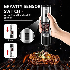 Rocyis USB Rechargeable Electric Salt and Pepper Grinder-Gravity Automatic Spice Mill w/LED Light, Adjustable Coarseness, One Hand Operated Smart Kitchen Gadgets, Silver