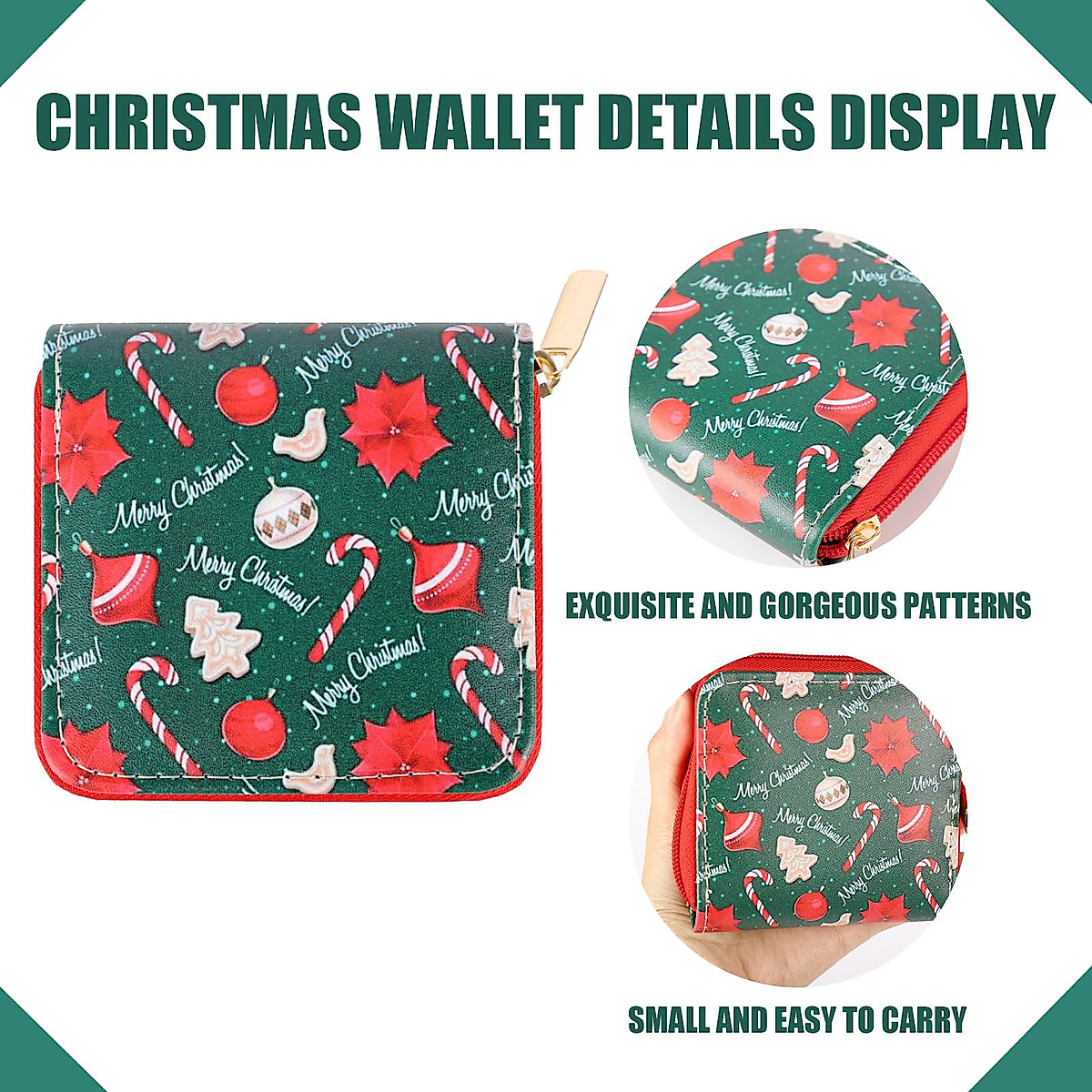 JV JO&VIN Green Wallet Christmas Wallet, Kawaii Wallet Leather Wallet with Short Zipper Wallet for Women Girls Kids,Thin Wallet Gift for Christmas Day